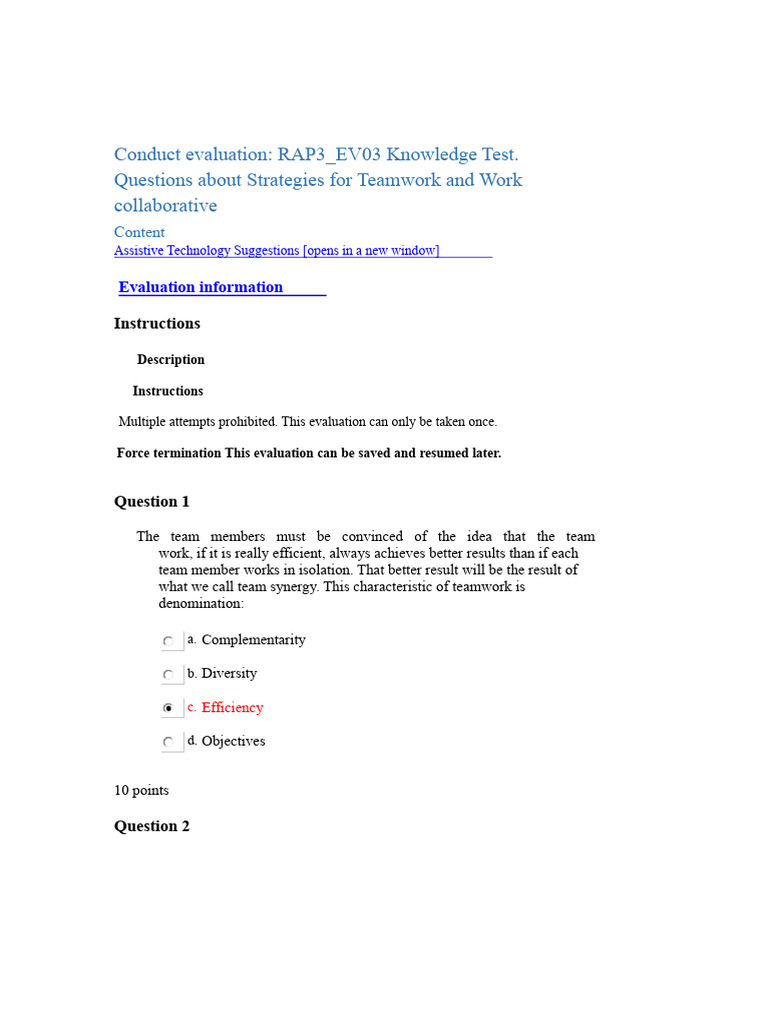 RAP3_EV03 Knowledge Test. Questions about Strategies for Teamwork and ...