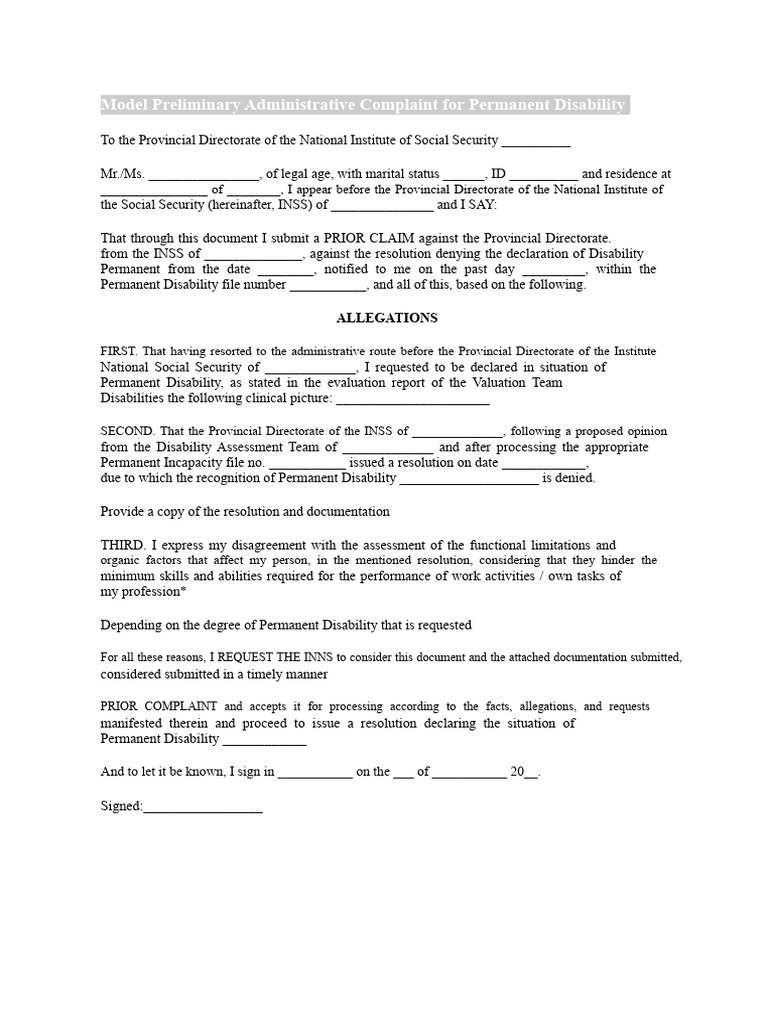 Model Administrative Claim Previous Permanent Disability | PDF