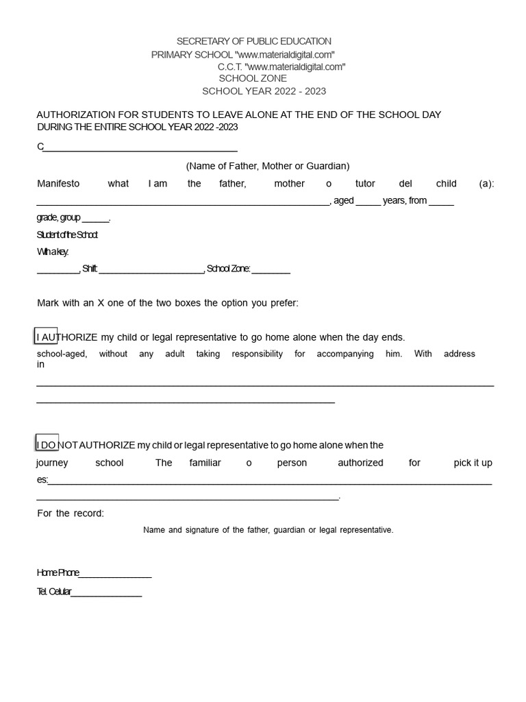 Authorization Format For Students To Return Home Alone Editable | PDF