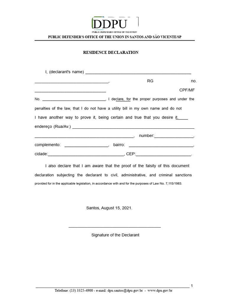 RESIDENCE DECLARATION - SELF-DECLARATION | PDF
