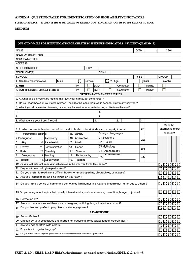 questionnaire STUDENTS 5 to 9 | PDF | Creativity | Psychology