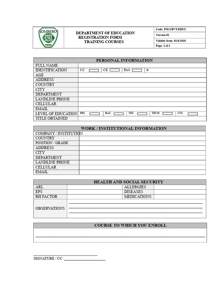 Training Course Registration Form | PDF