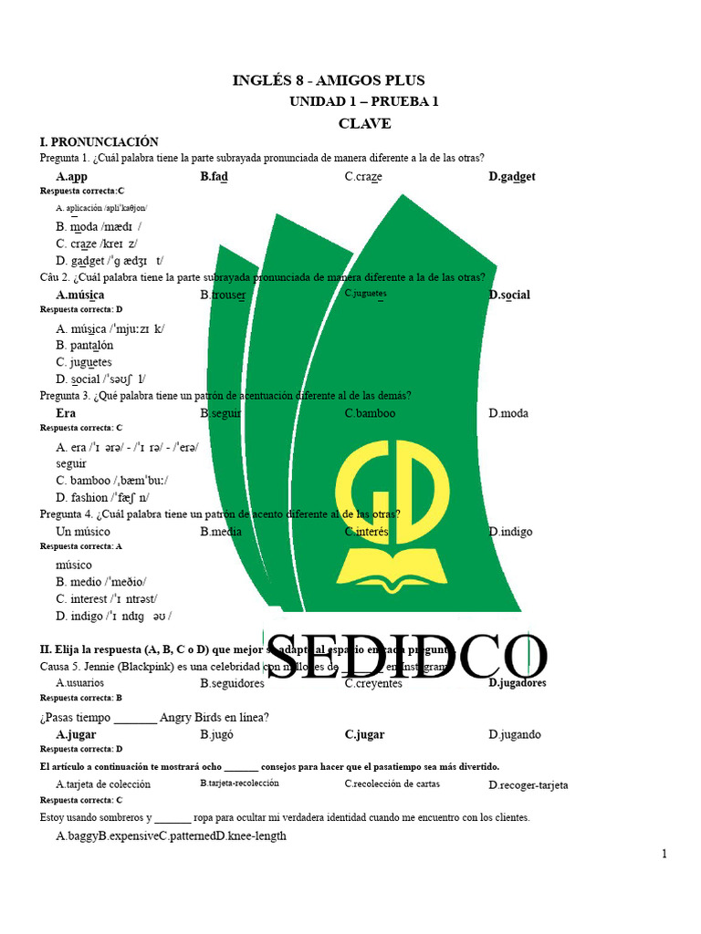 Inglés 8 Amigos Plus - Unidad 1 - Prueba 1 (Clave) | PDF | Moda | Ropa