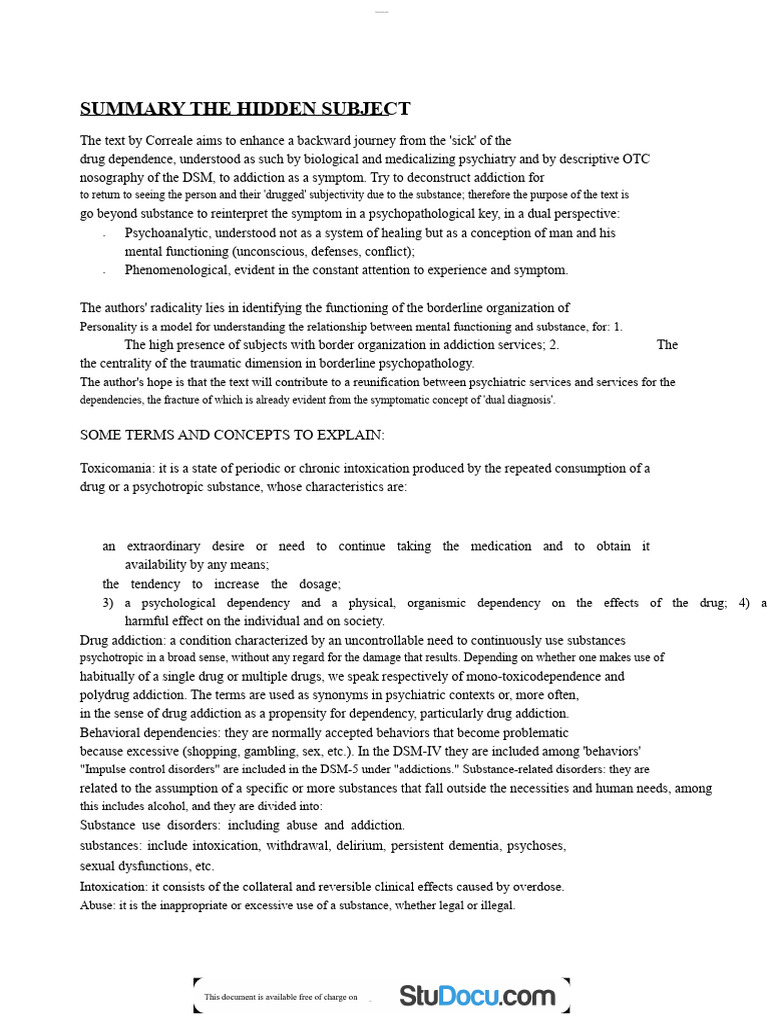 SUMMARY The Hidden Subject | PDF | Substance Dependence | Psychoanalysis