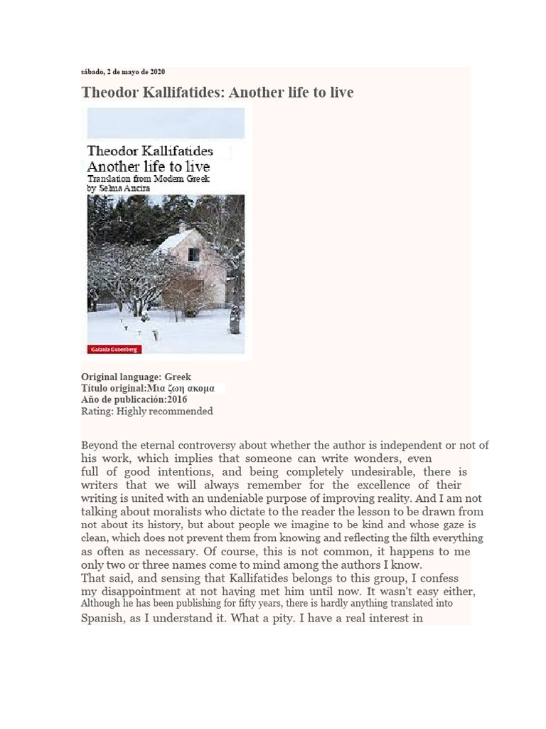 Theodor Kallifatides - Another Life to Live REVIEW | PDF