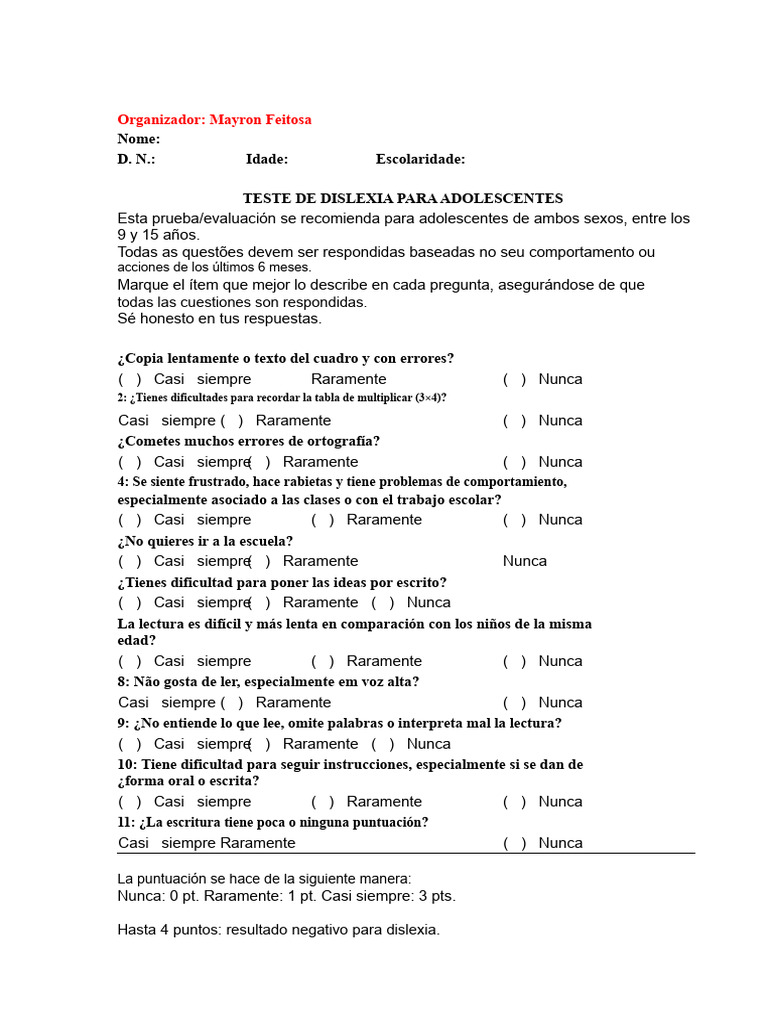 Test de Dislexia para Adolescentes | PDF | Cognición | Aprendizaje