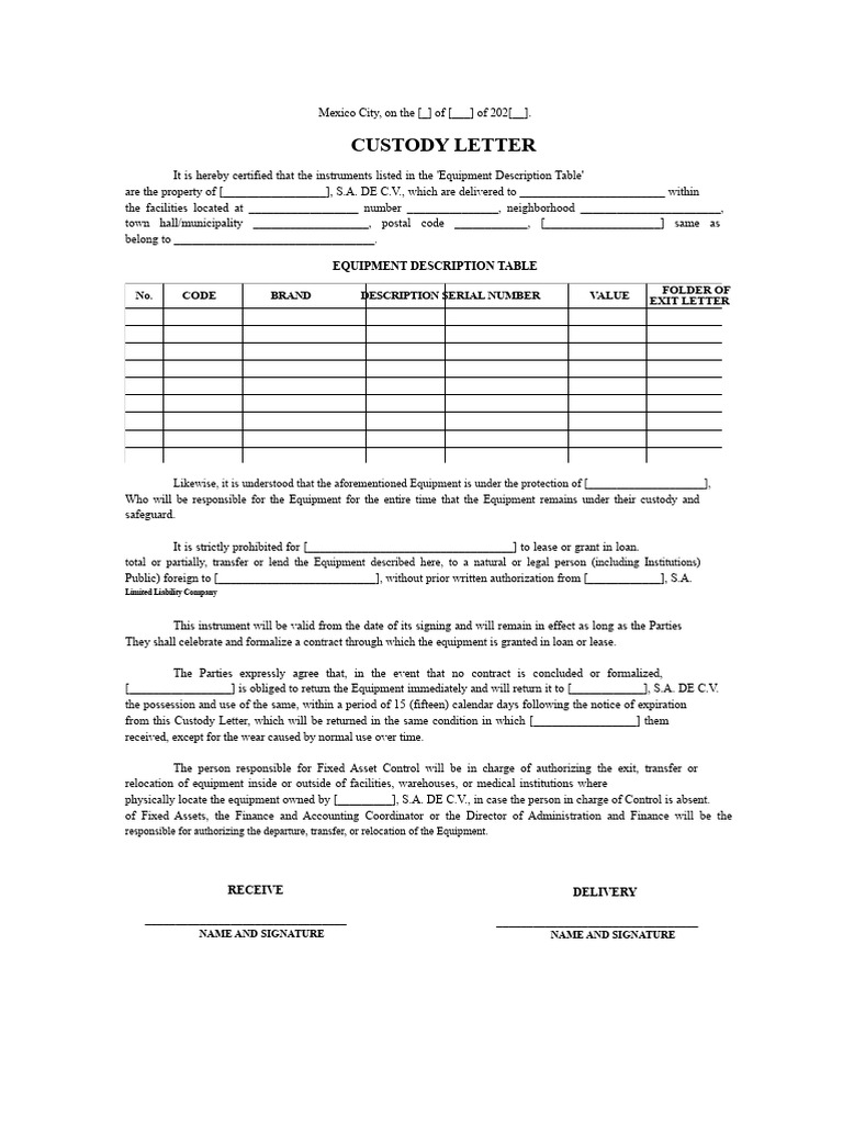 Letter of custody for fixed assets 2 | PDF | Lease | Loans