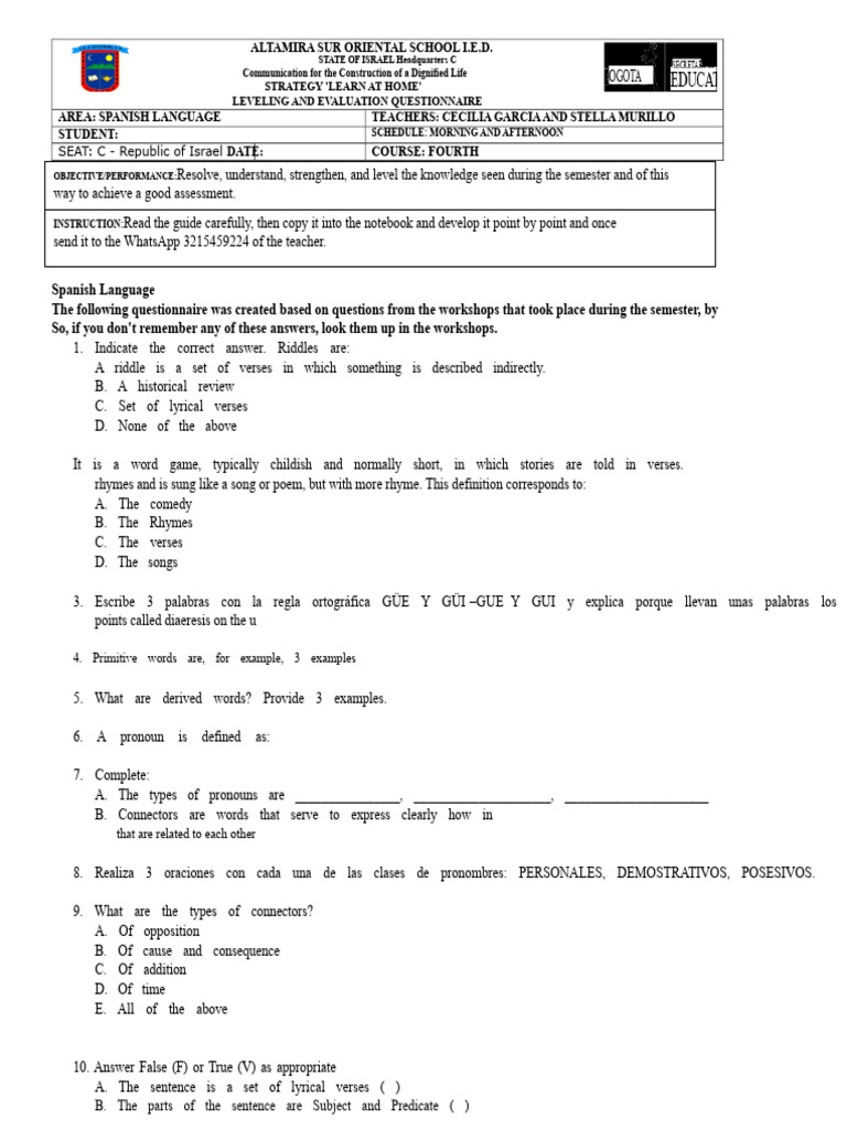 Evaluation Questionnaire Spanish Language Grade 4 Morning and Afternoon ...