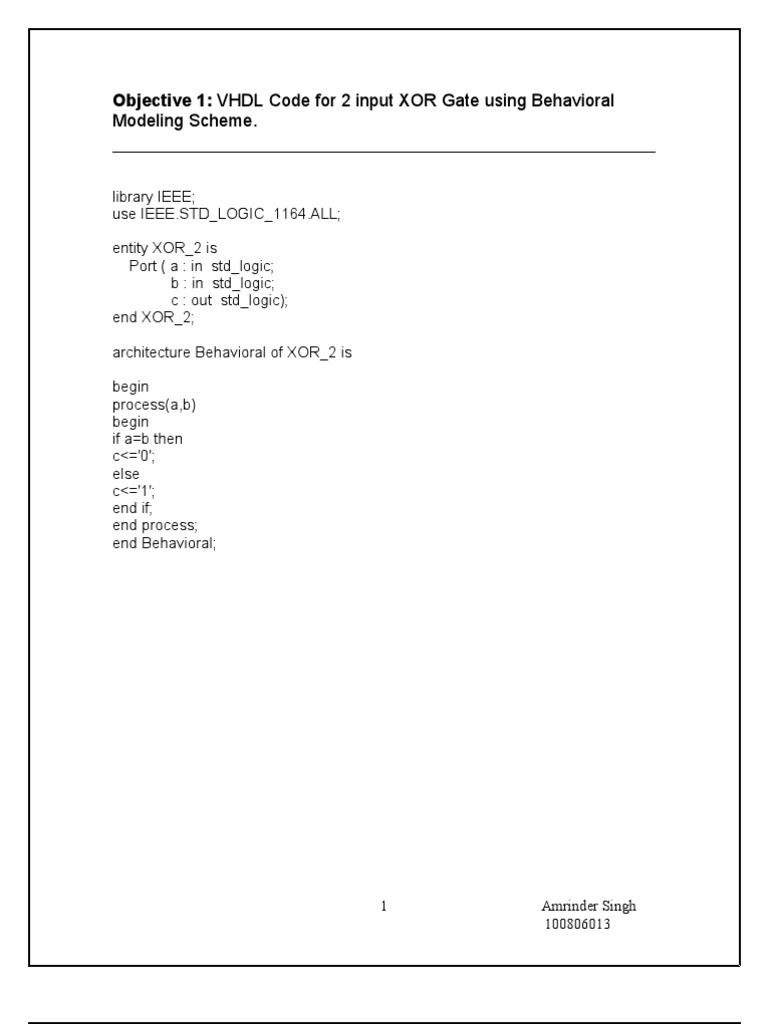 Modeling Scheme Objective 1 Vhdl Code For 2 Input Xor Gate Using Behavioral Pdf Vhdl 