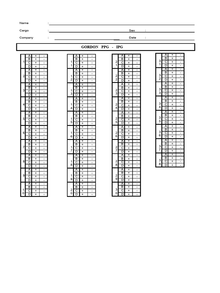 Gordon Test Answer Sheet - copy | PDF