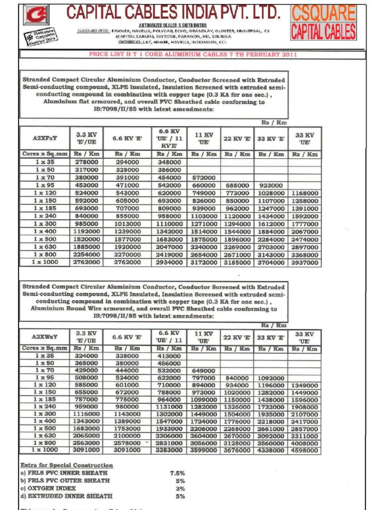Price List Capital Cables India PVT LTD | PDF