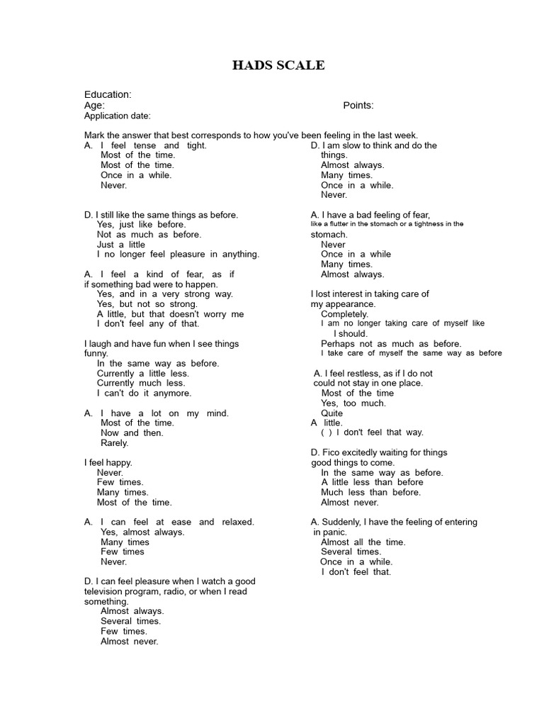HADS Depression and Anxiety Scale | PDF | Anxiety | Psychological Concepts