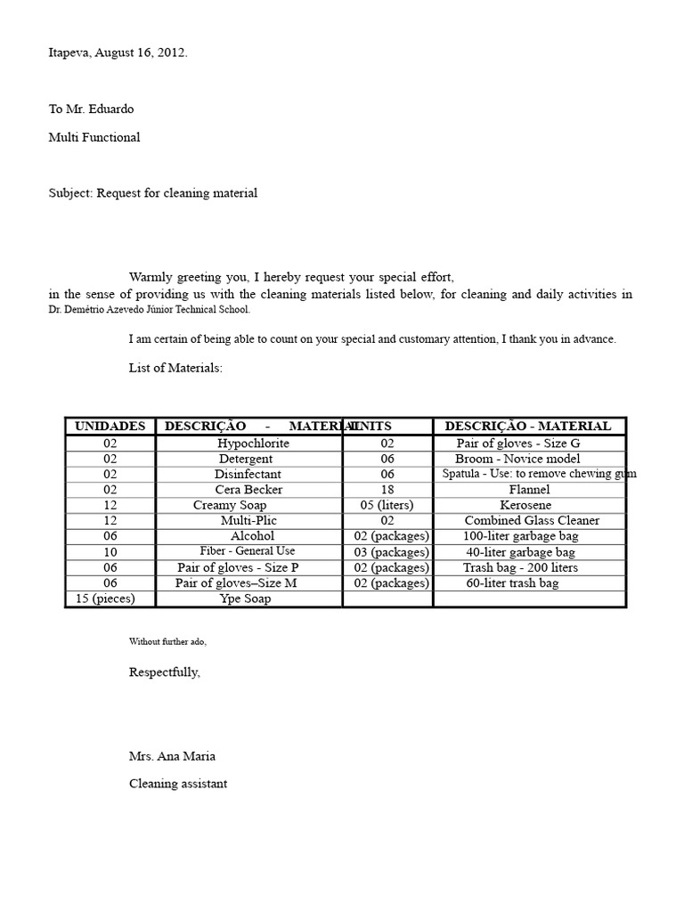 Cleaning Material Request | PDF