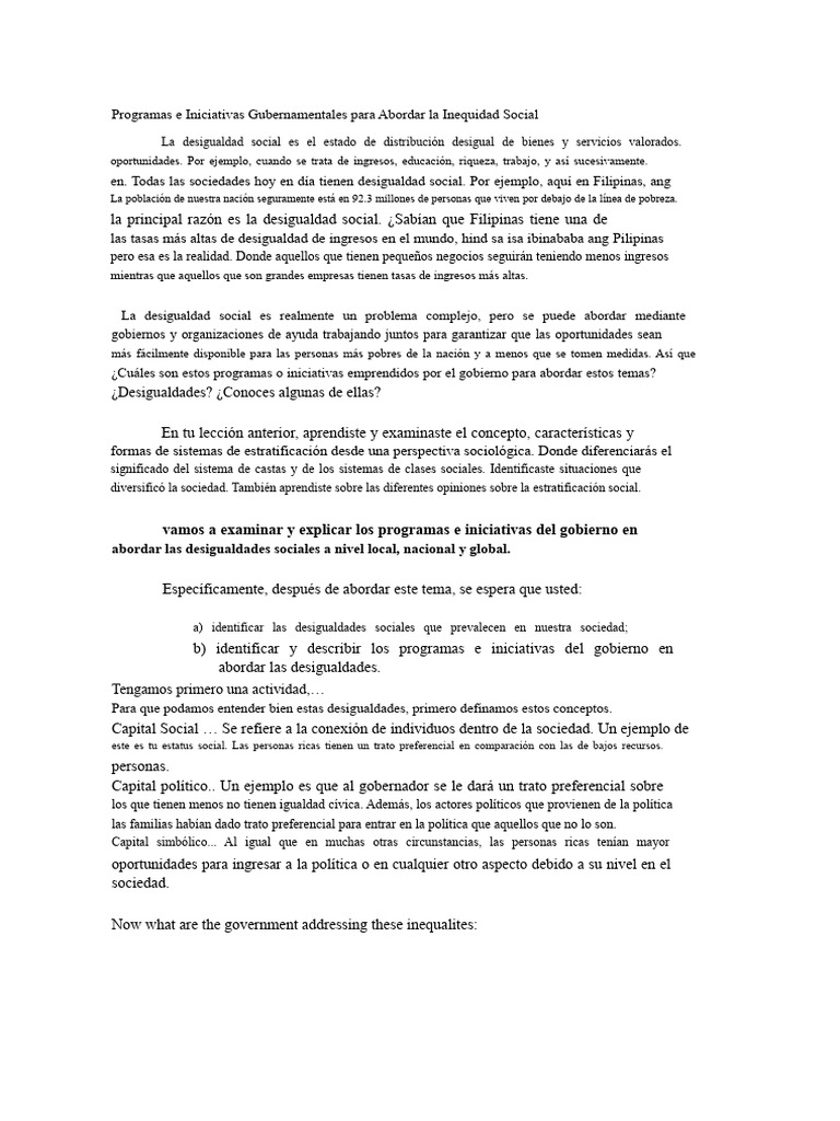 Programas e Iniciativas Gubernamentales para Abordar La Desigualdad ...