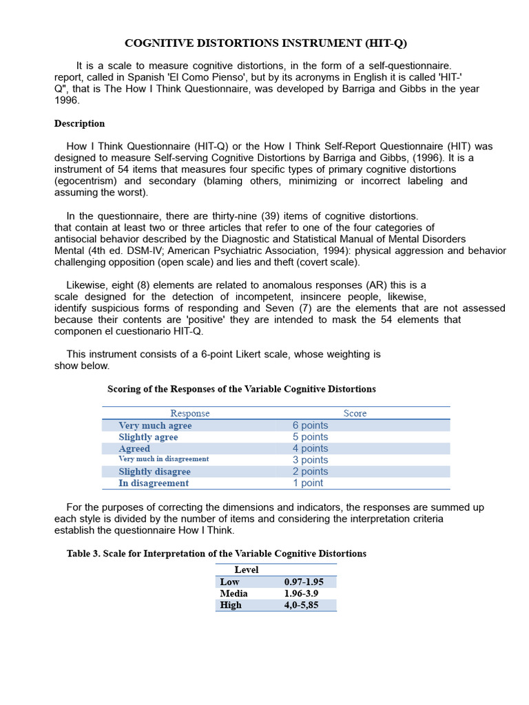 COGNITIVE DISTORTIONS INSTRUMENT | PDF | Self Report Study | Internal ...