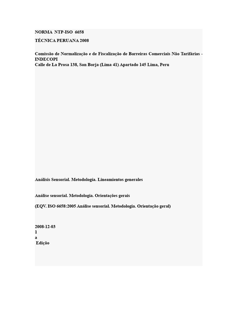 NTP-ISO 6658: Metodologia de Análise Sensorial | PDF | Significado ...