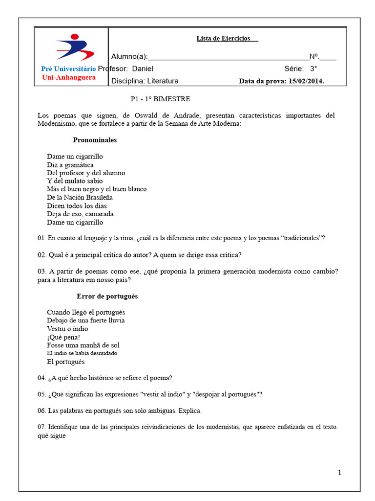 Lista de Ejercicios Literatura 3 Año | PDF