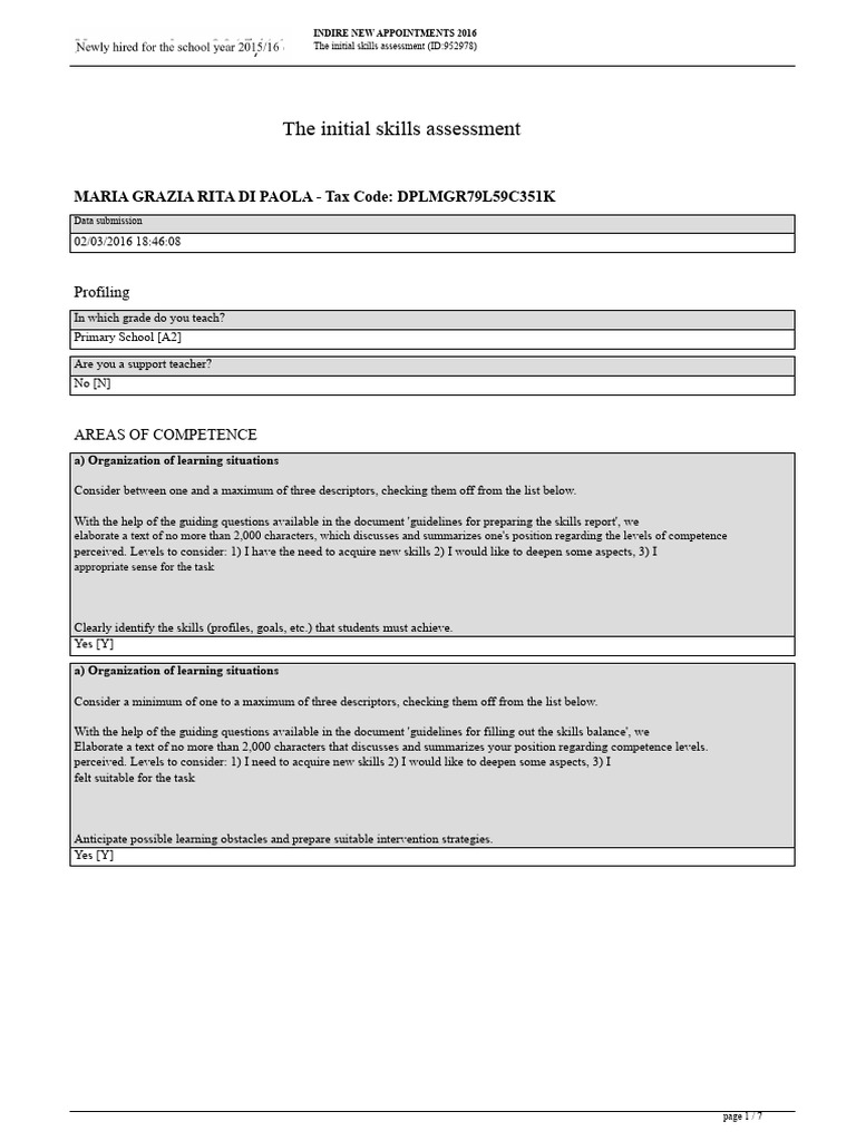 INDIRE 2016 Initial Skills Assessment | PDF | Teachers | Learning