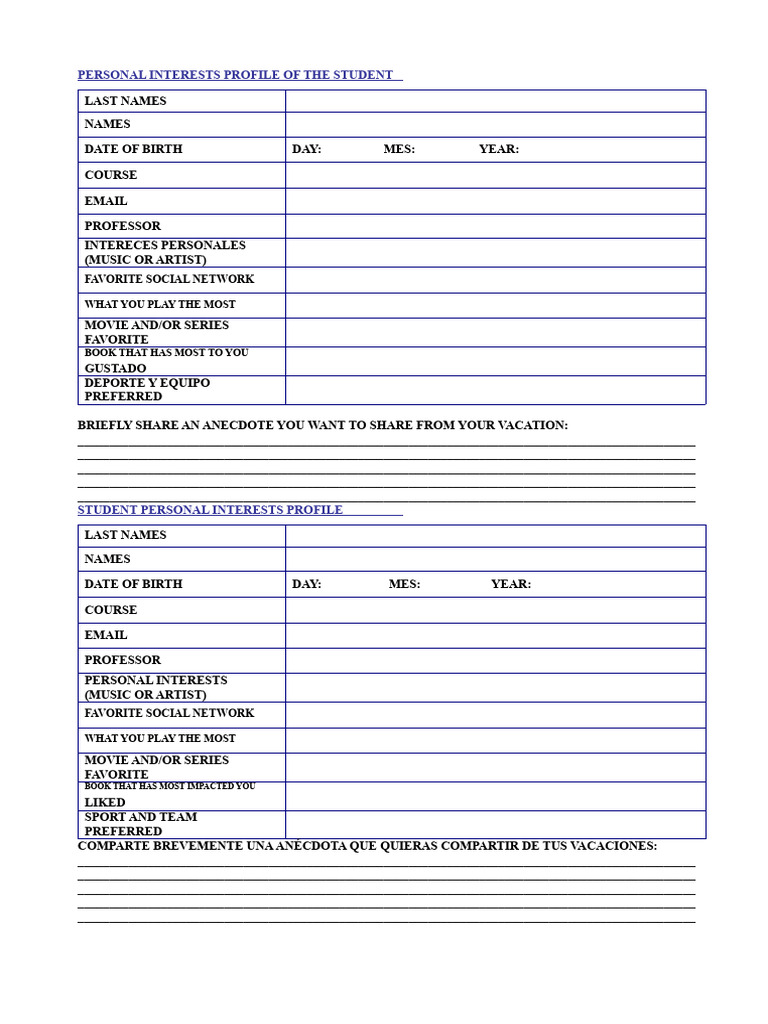 Personal Interests Sheet | PDF