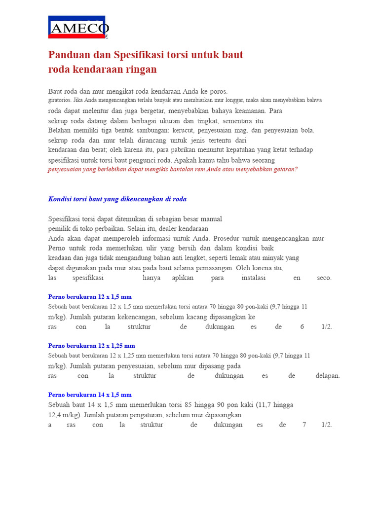 Spesifikasi Torsi Baut Roda Kendaraan | PDF