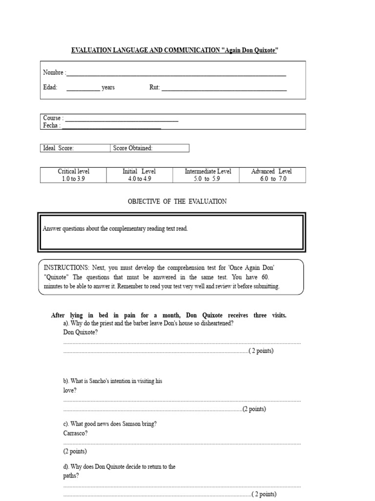Comprehension Test for "Again Don Quixote" | PDF | Don Quixote ...
