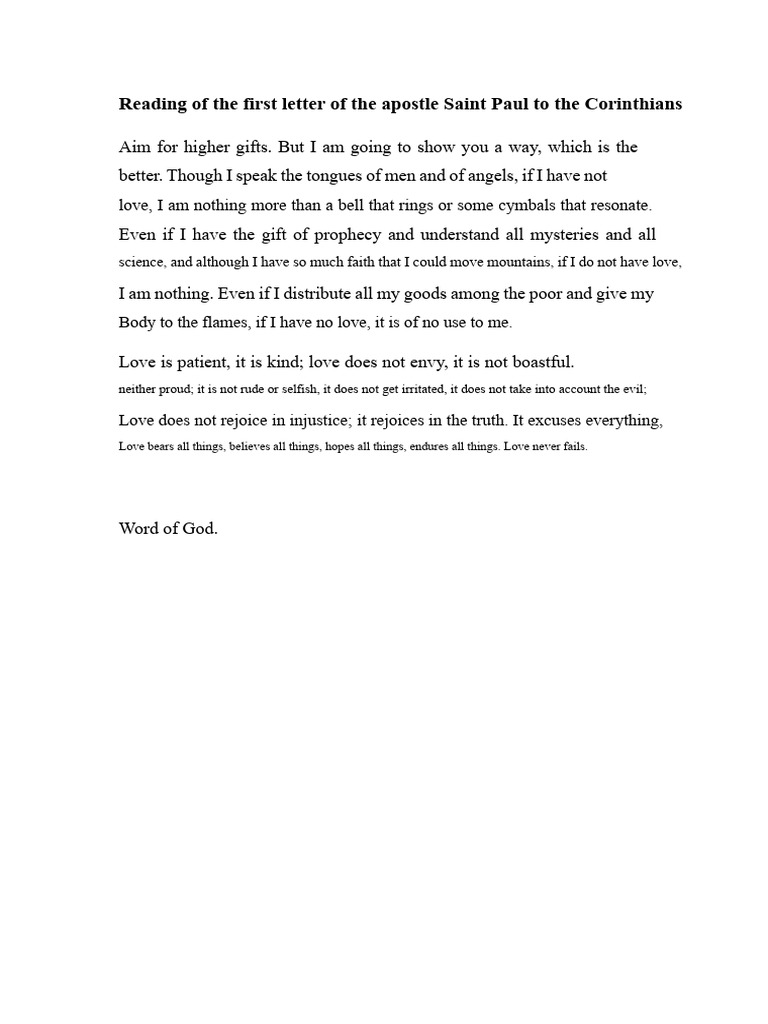 Reading of The First Letter of the Apostle Saint Paul to the ...