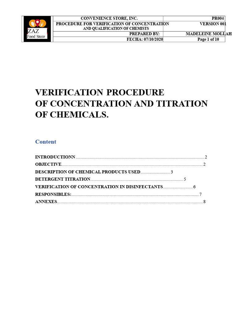 Pr004 - Chemical Verification Procedure | PDF | Chemical Substances ...