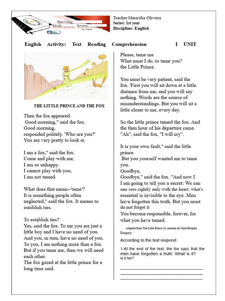 ENGLISH ACTIVITY - LITTLE PRINCE 1st Year 2022 Asynchronous Class-1 | PDF | The Little Prince