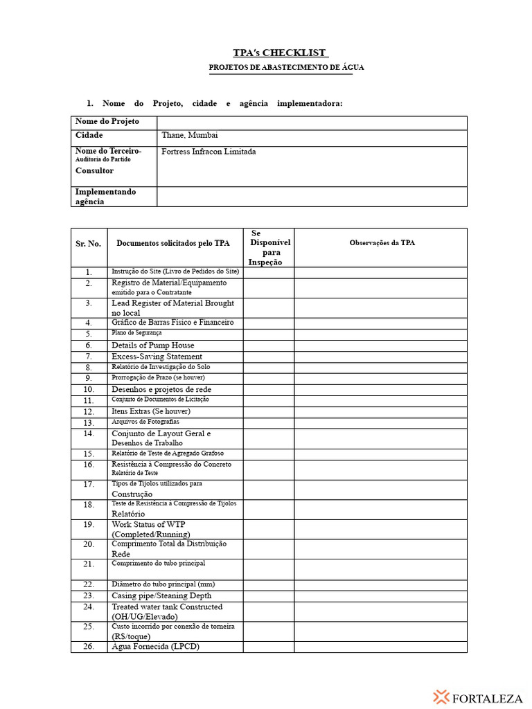 Checklist de Projetos de Água TPA | PDF