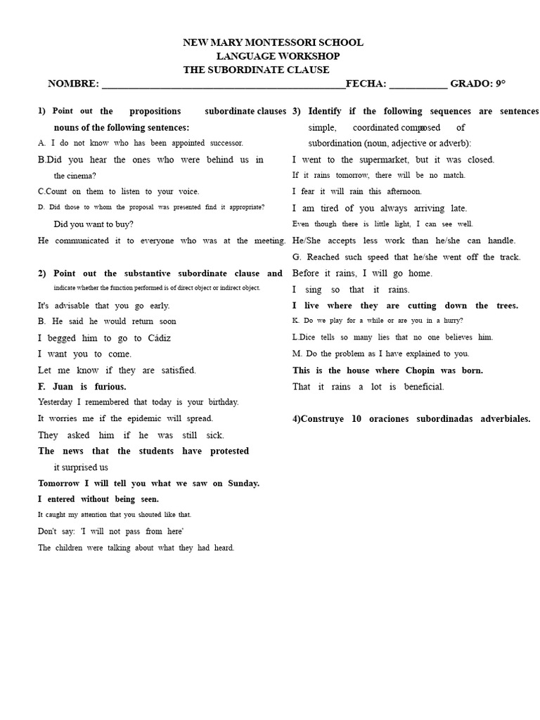 Workshop on subordinate clauses | PDF | Clause | Linguistics