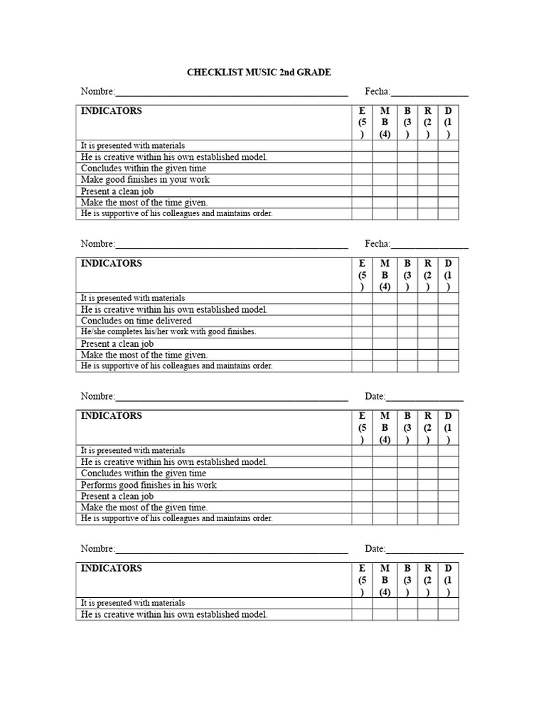 2nd Grade Music Project Checklist | PDF