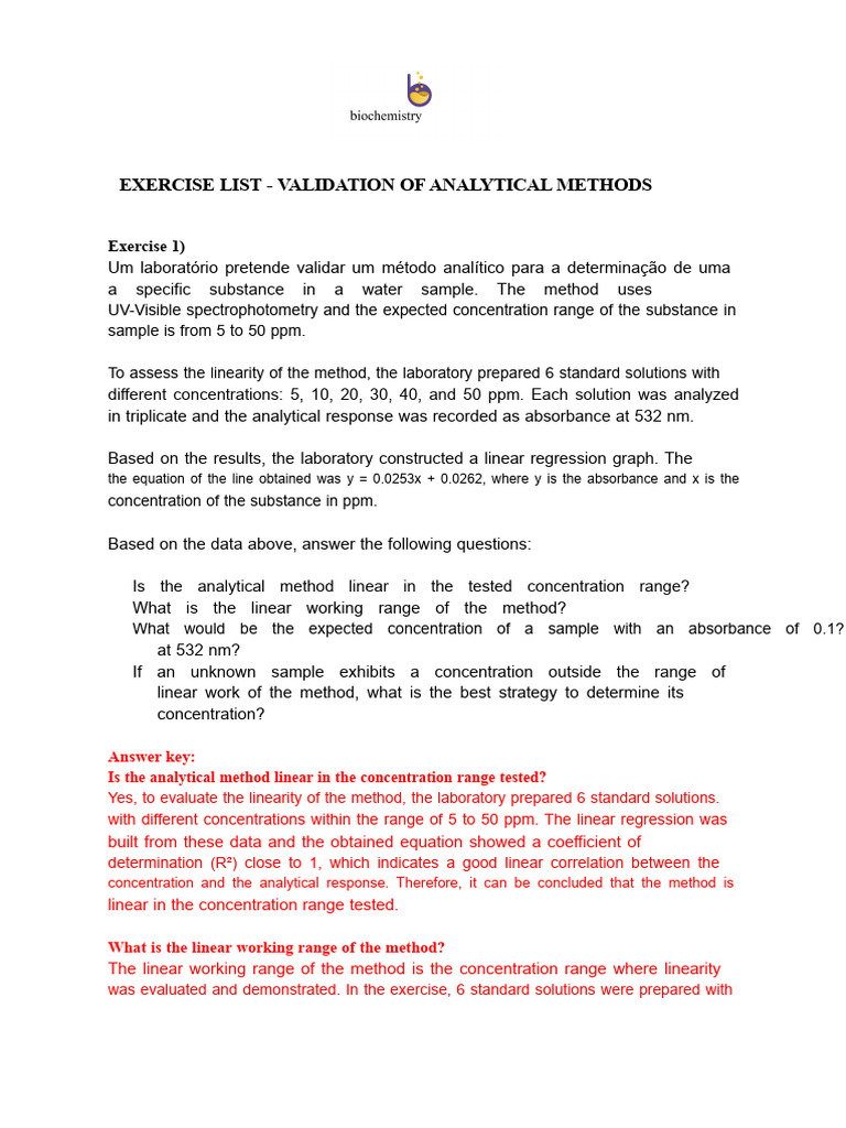ANSWER KEY - EXERCISE LIST - VALIDATION OF ANALYTICAL METHODS | PDF ...