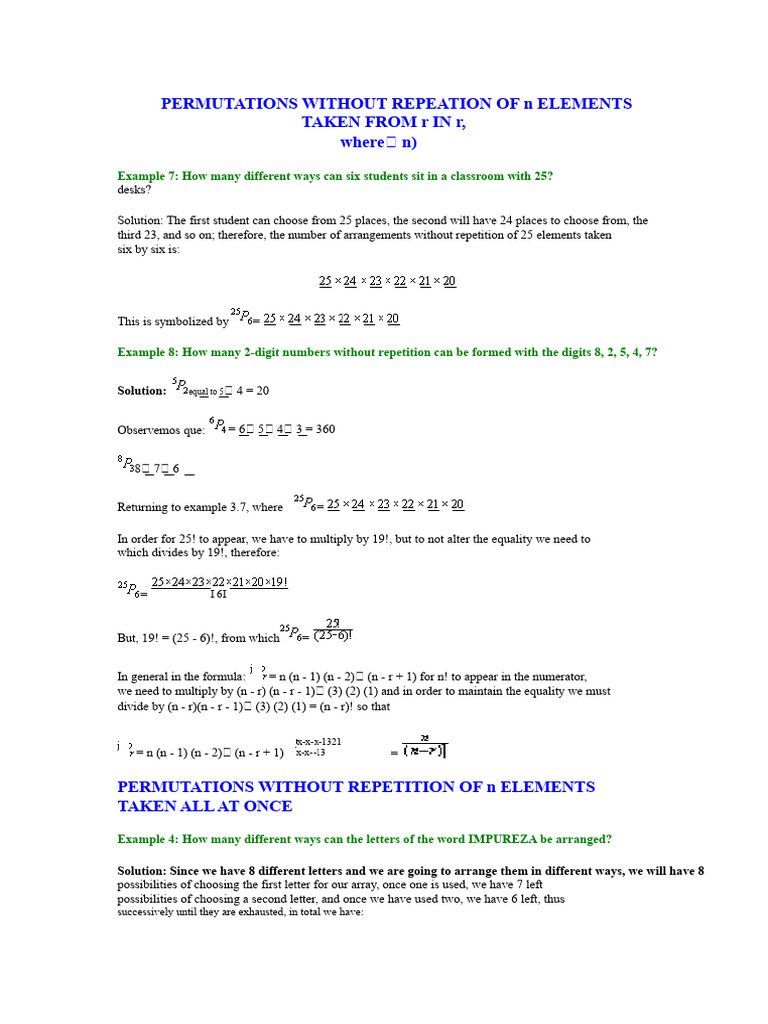 PERMUTATIONS WITHOUT REPEATING n ELEMENTS TAKEN r AT A TIME | PDF ...