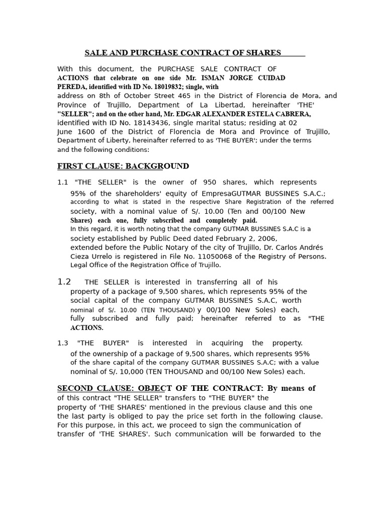 Model of Share Purchase Agreement | PDF | Prices | Share (Finance)