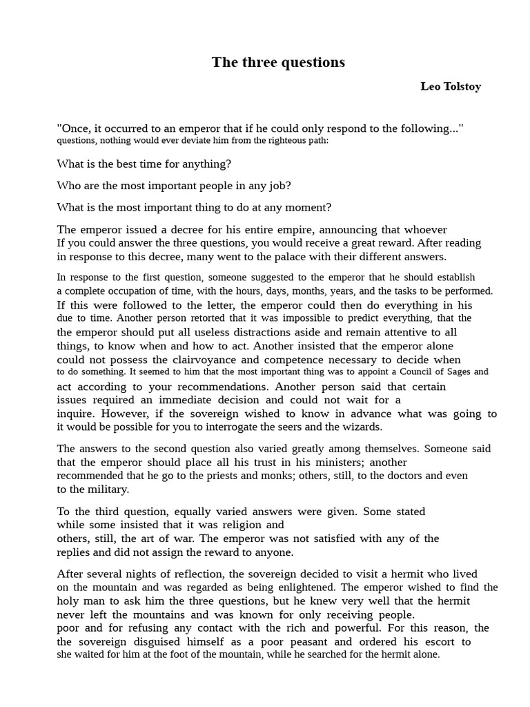 Tolstoy's Three Questions Explained | PDF