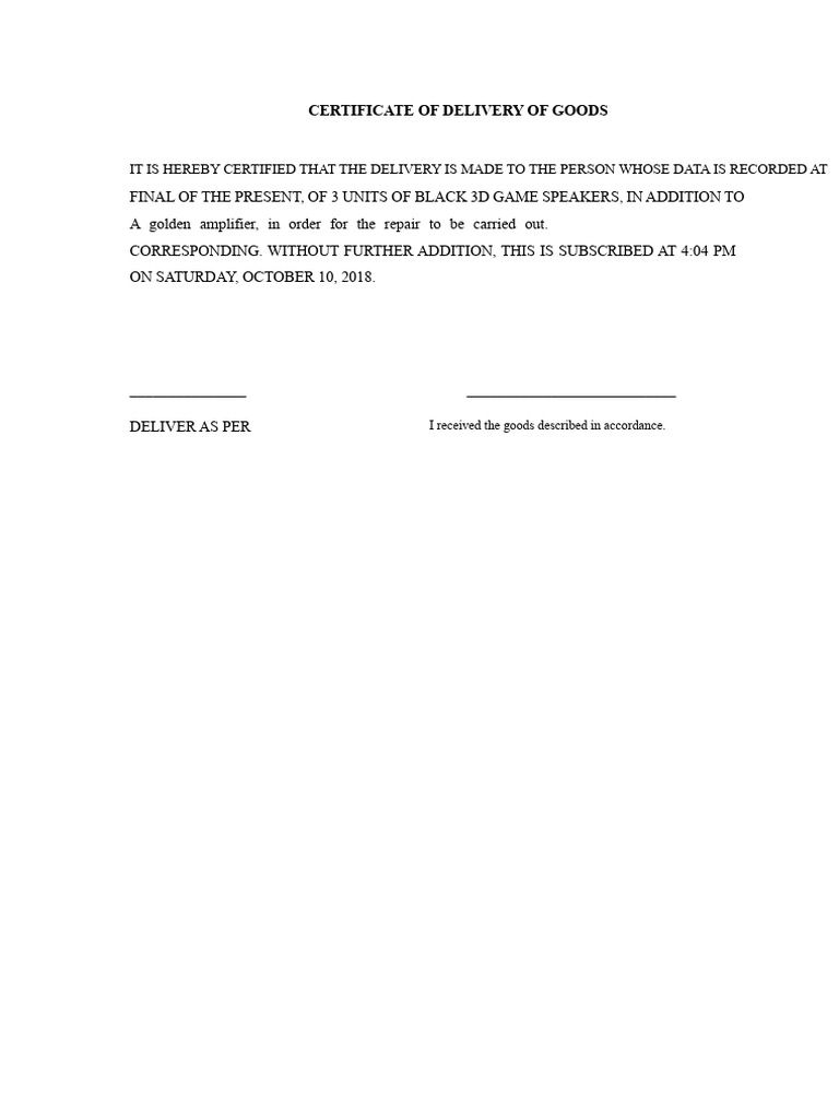 Certificate of Delivery of Goods | PDF