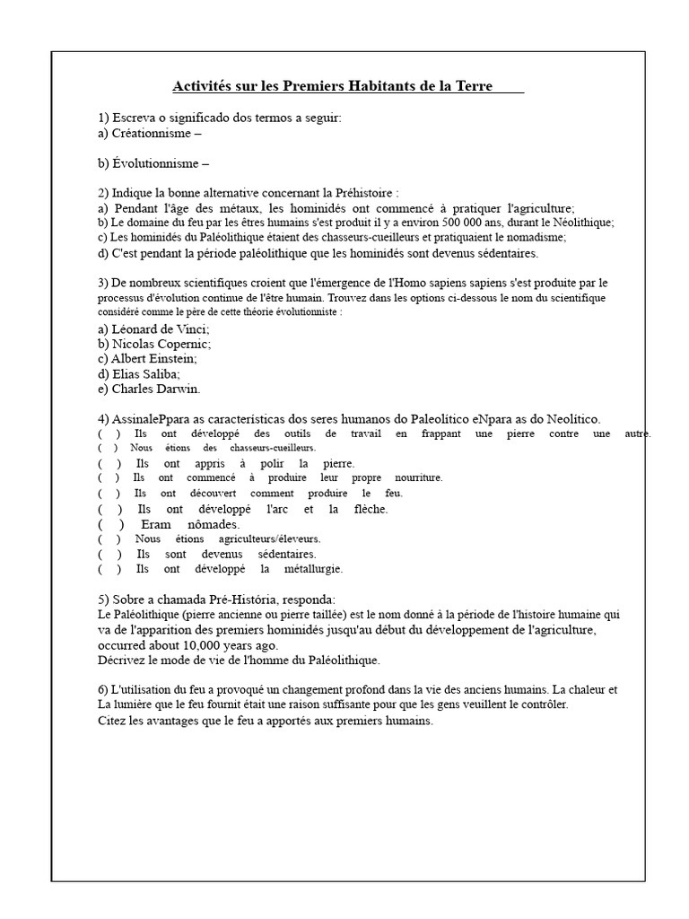 Activités sur les Premiers Habitants | PDF | Paléolithique | Humain