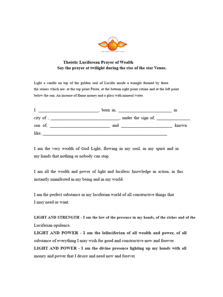 Theistic Luciferean Wealth Prayer | PDF | Prayer | Lucifer