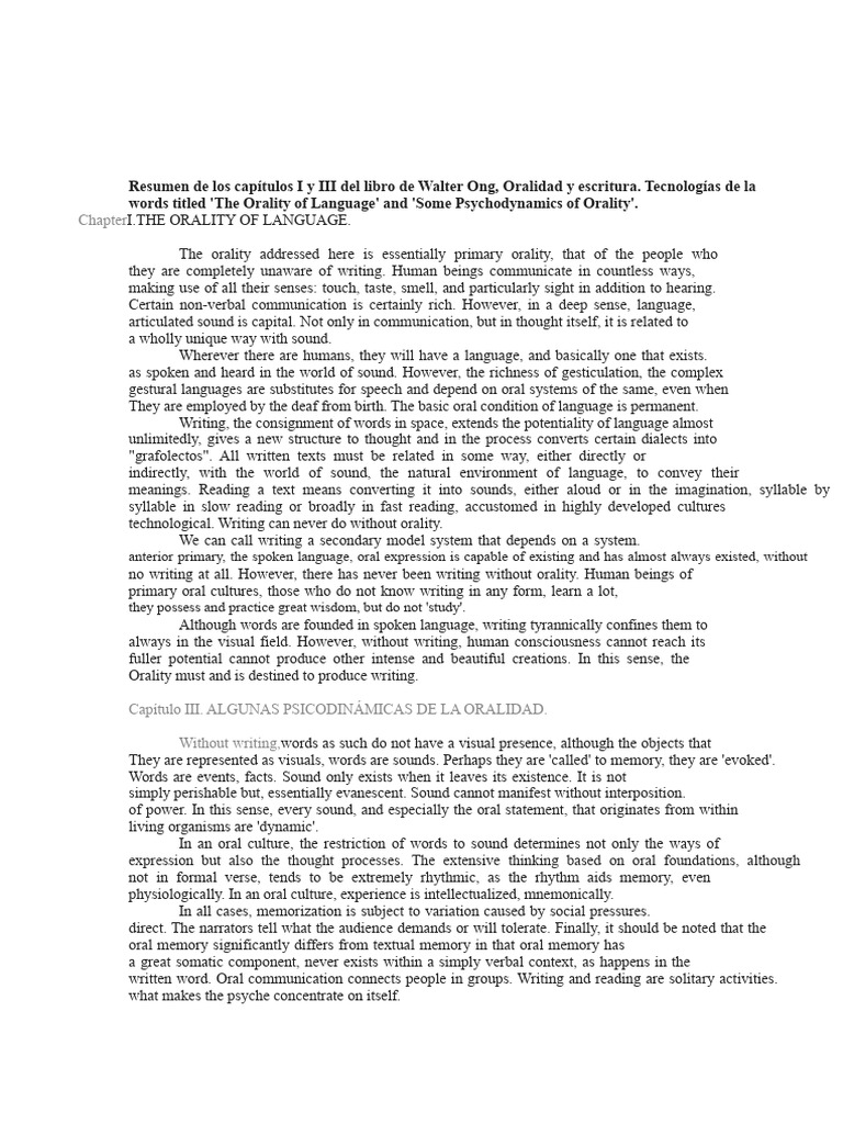 Summary of Chapters I and III of Walter Ong's Book | PDF ...