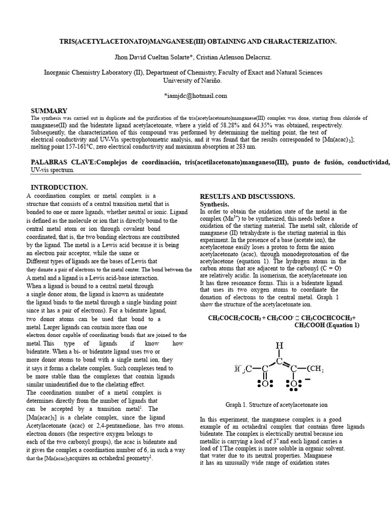 Synthesis and Characterization of Mn(acac)3 | PDF | Coordination ...