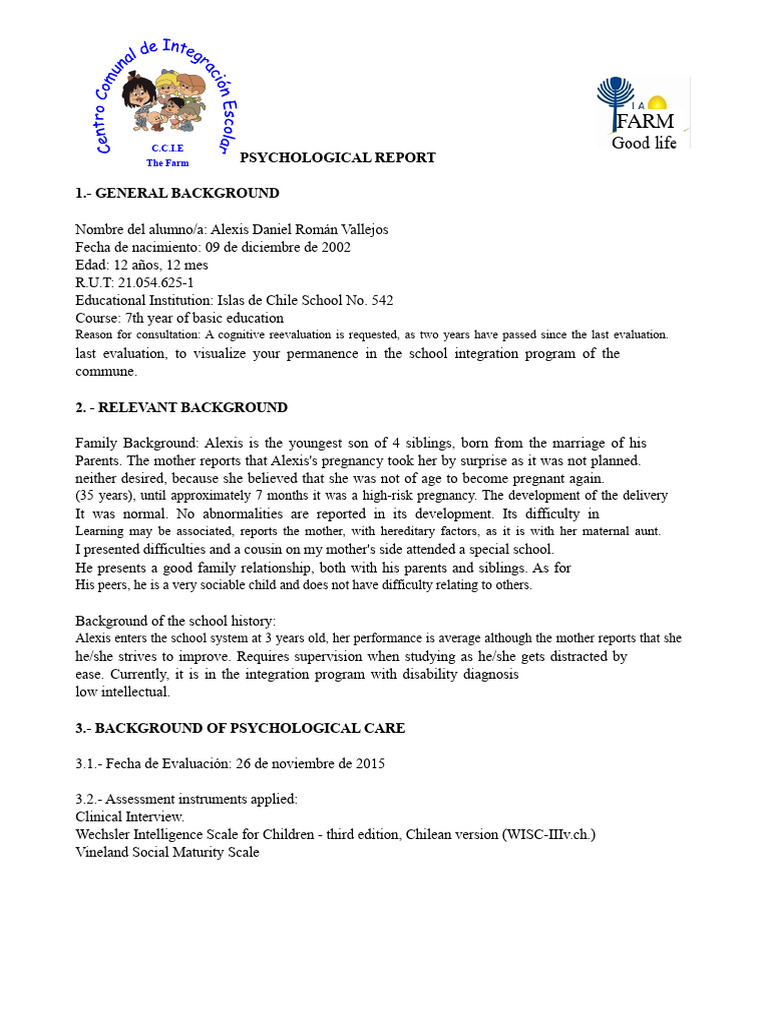 Psychological Report Example | PDF | Perception | Cognition