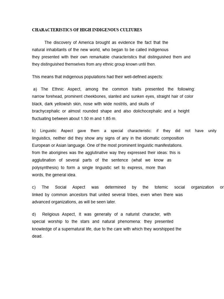 High Characteristics of Indigenous Cultures | PDF | New Spain | Spanish ...