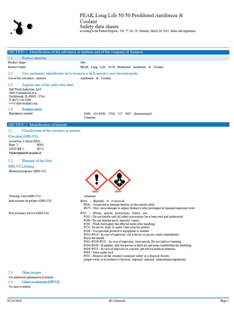 PEAK LONG LIFE Safety Data Sheet | PDF | Safety | Occupational Safety ...
