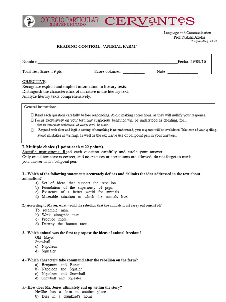 Animal Farm Reading Control Test | PDF | Multiple Choice