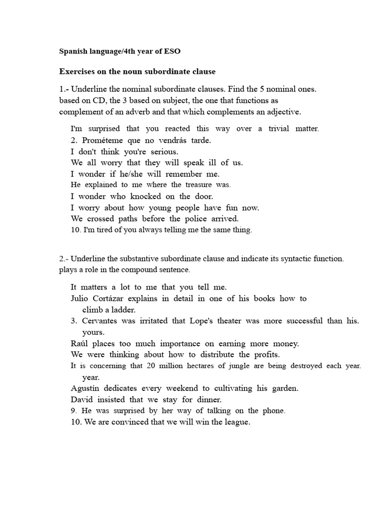 Noun Subordinate Clause Exercises in Spanish | PDF | Clause | Adjective