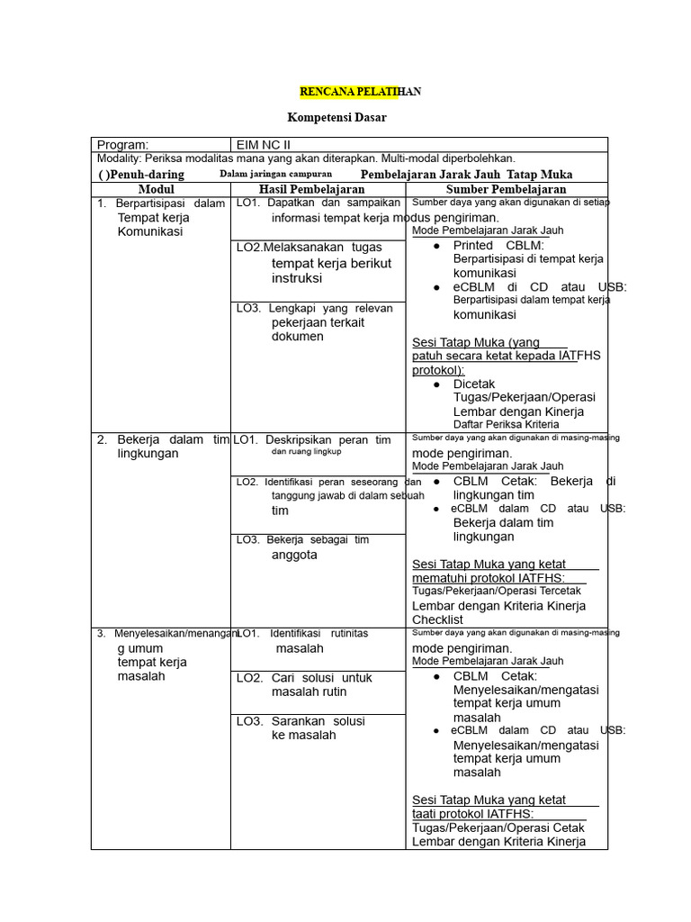 Rencana Pelatihan EIM NC II Terintegrasi | PDF