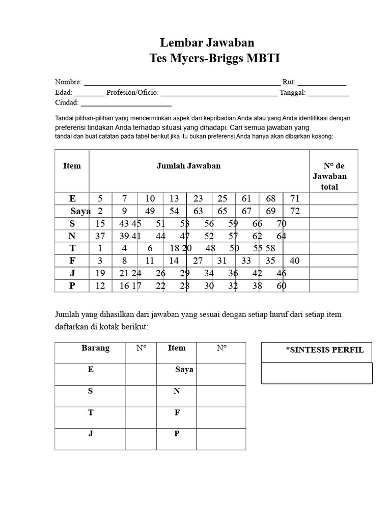 Lembar Jawaban Tes MBTI dan Profil Kepribadian | PDF