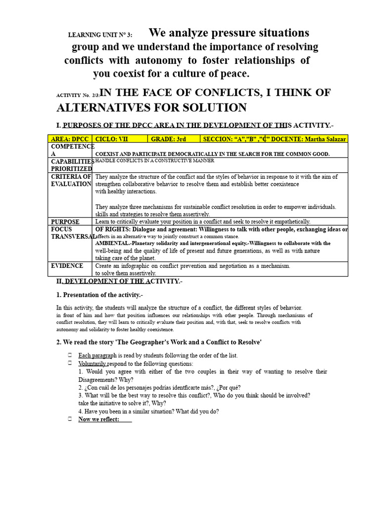 UA 3 SA 2 IN THE FACE OF CONFLICTS I THINK OF ALTERNATIVES FOR SOLUTION ...