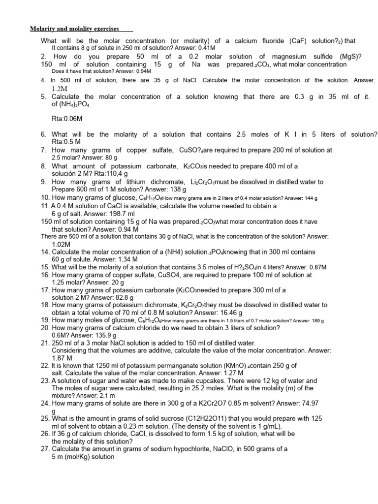 Molarity and Molality Practice Problems | PDF | Concentration | Sodium ...