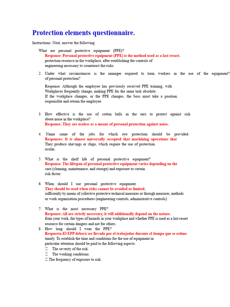 Protection elements questionnaire | PDF | Personal Protective Equipment ...